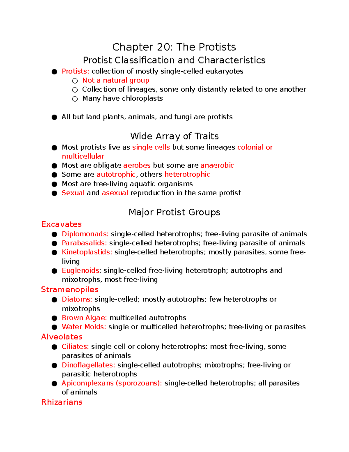BIOL 101 Module 15 Notes The Protists - Chapter 20: The Protists ...
