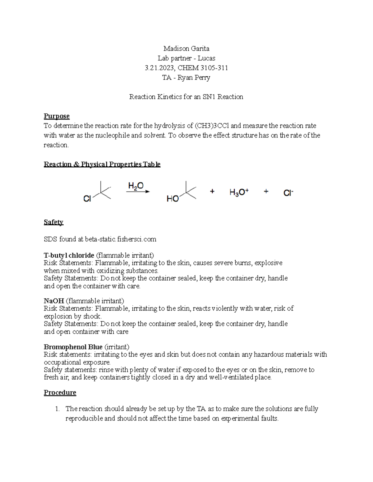 Reaction Kinetics for SN1 Reaction - Studocu