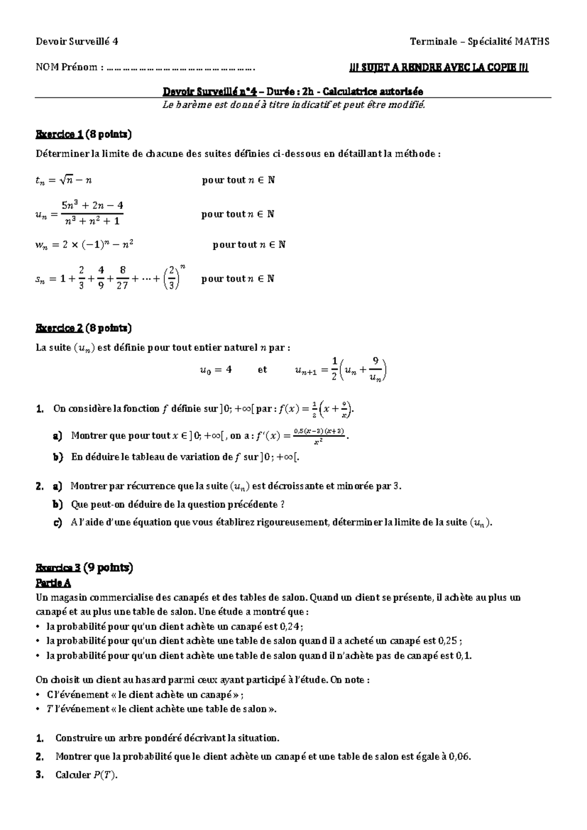 DS4 Spé Term 2023 2024 - Devoir Surveillé 4 Terminale – Spécialité ...