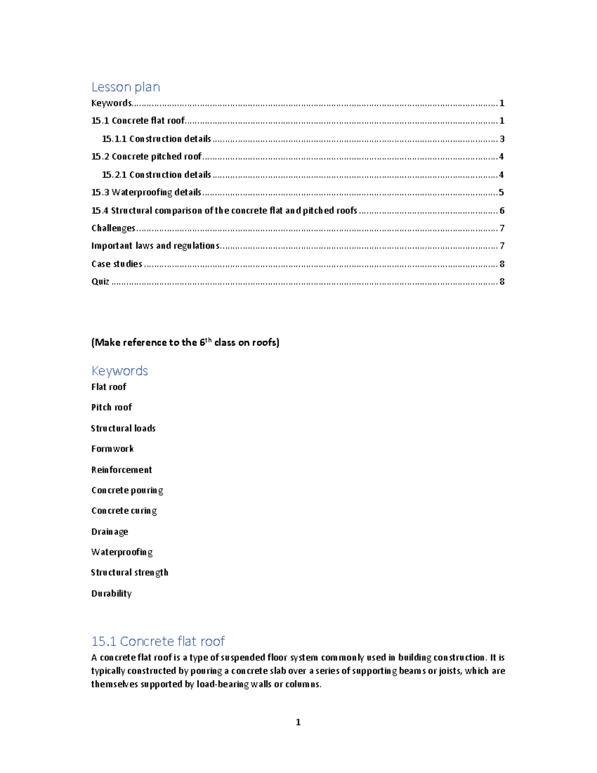15 class - Building Technology 1 - Lesson plan - Studocu