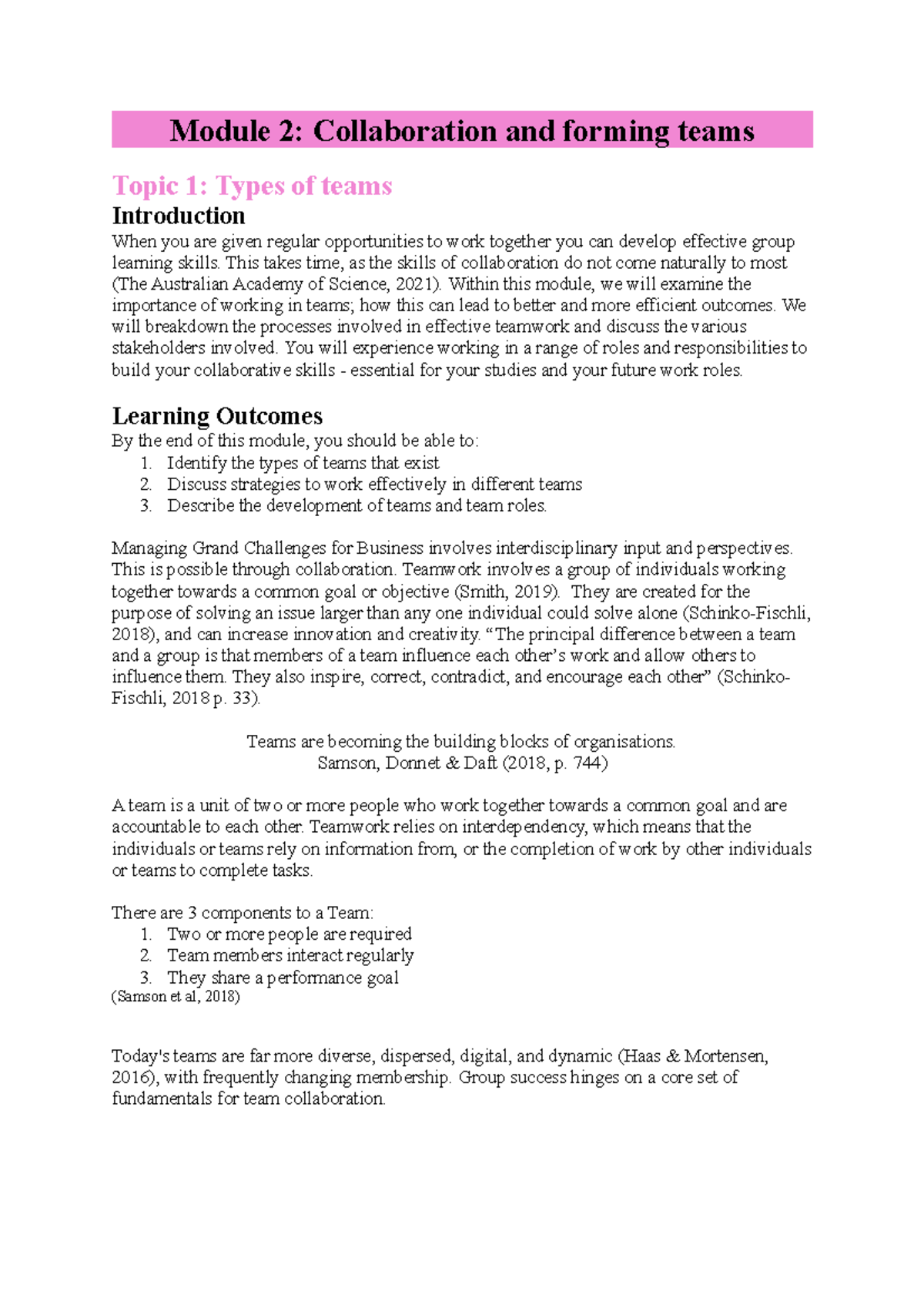 Module 2- Collaboration and forming teams - This takes time, as the ...