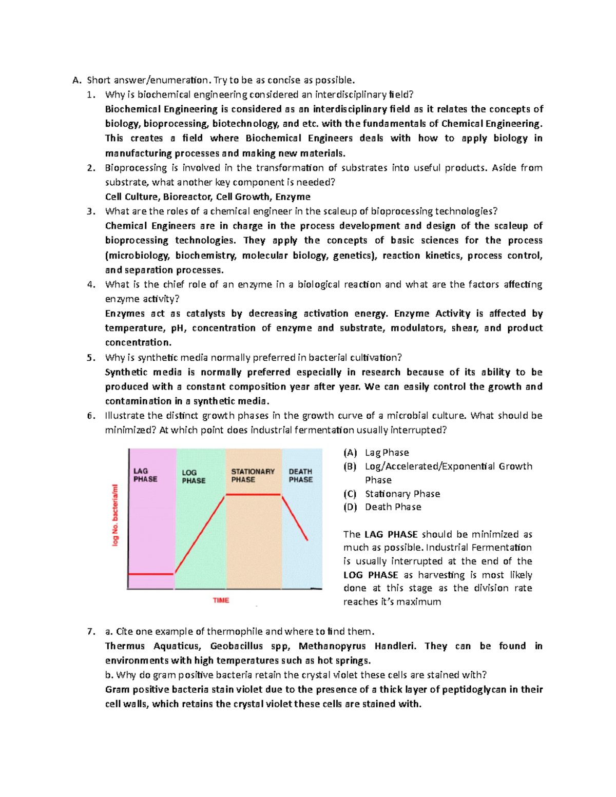 Short Test 1 BIOCh E Answers - A. Short answer/enumeration. Try to be ...
