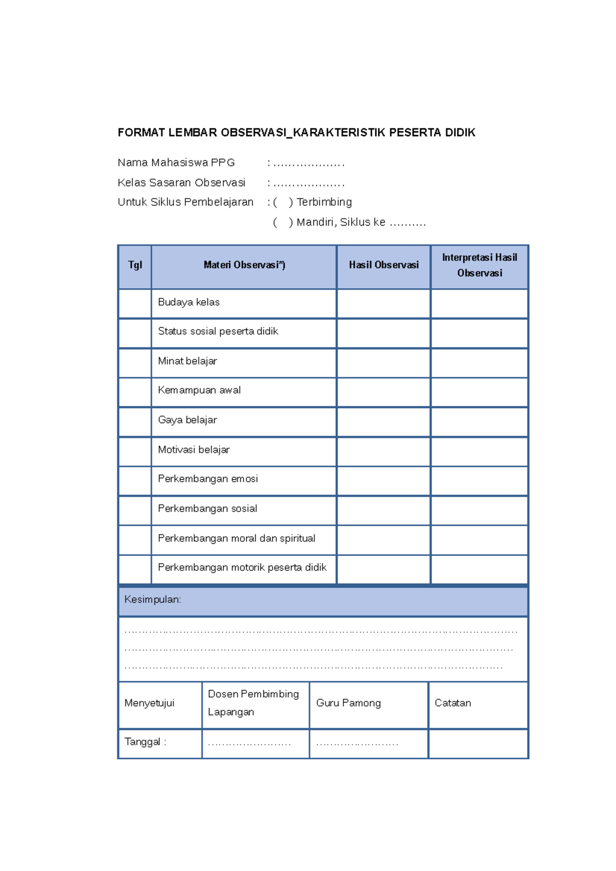 File Observasi untuk Mahasiswa - FORMAT LEMBAR OBSERVASI_KARAKTERISTIK ...