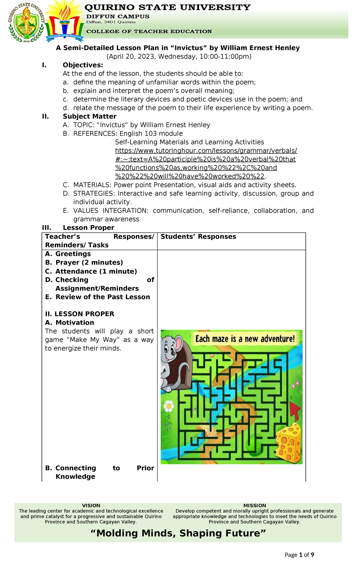 April 20 DLP - GOOD - A Semi-Detailed Lesson Plan in “Invictus” by ...