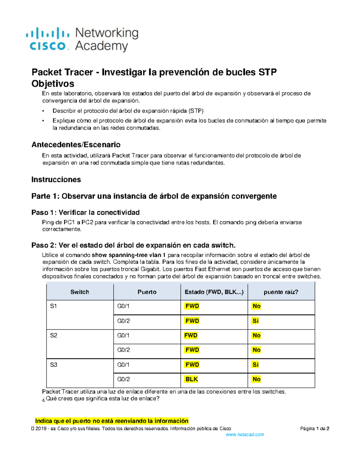 5 - ... - Packet Tracer - Investigar la prevención de bucles STP Objetivos En este laboratorio ...