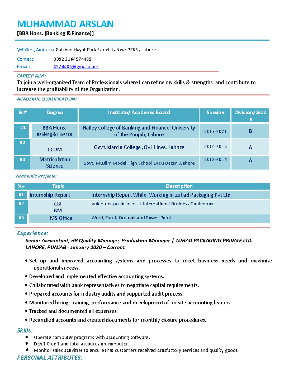 Arslan resume - MUHAMMAD ARSLAN [BBA Hons. (Banking & Finance ...