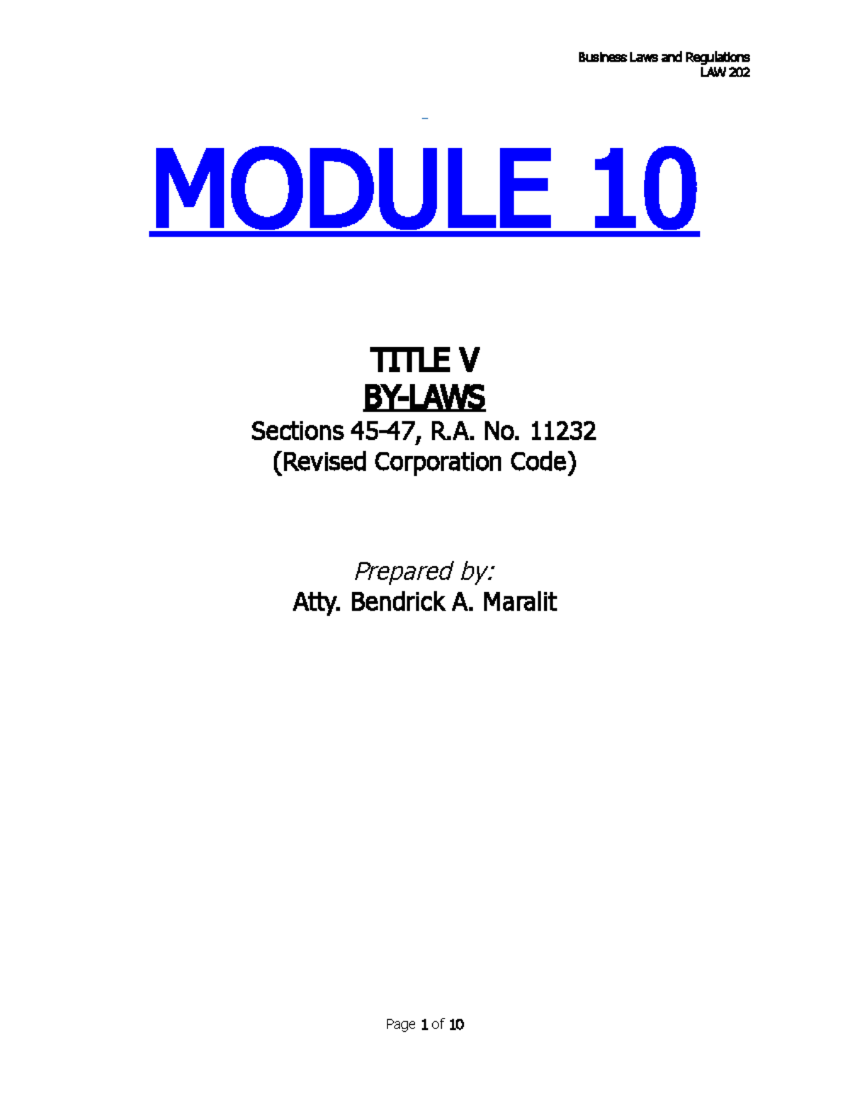 Module 10 ( Bylaws) - none - LAW 202 MOD ULE 10 TITLE V BY-LAWS ...