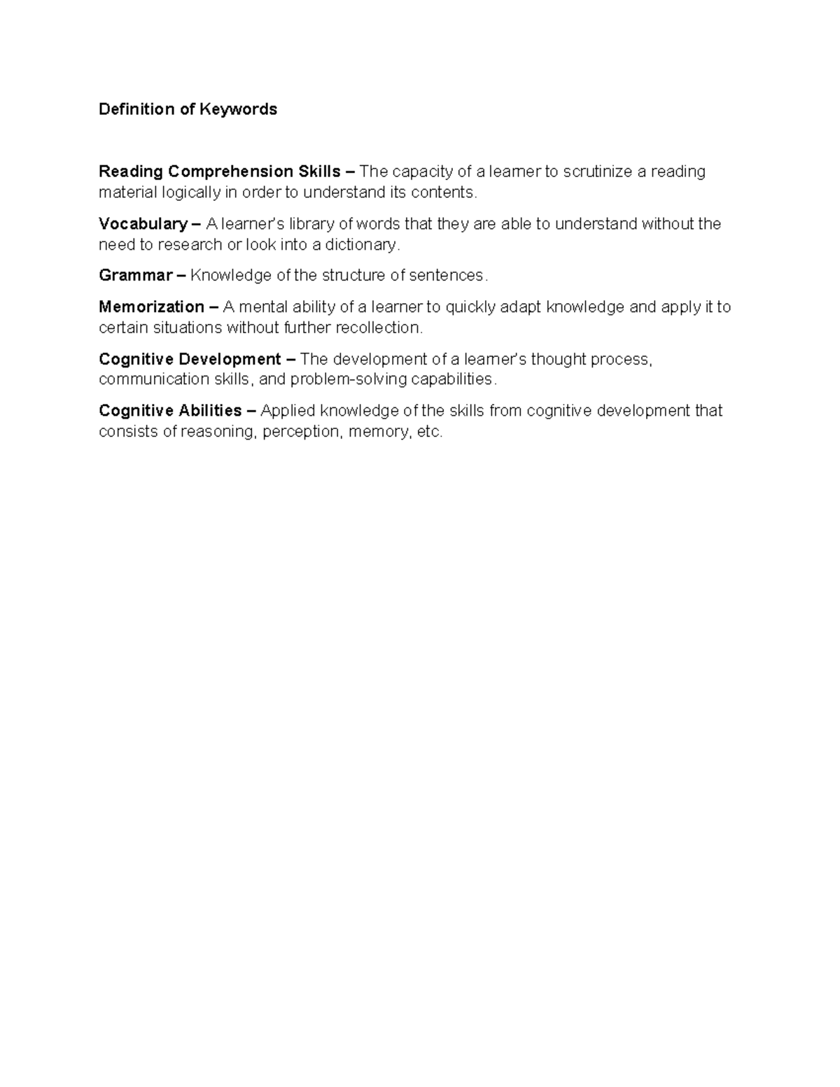 Definition of Keywords - Definition of Keywords Reading Comprehension ...