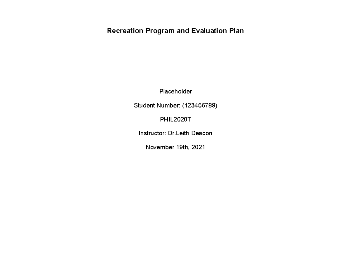 PHIL 2020T Recreation Program Evaluation Plan template - Recreation ...