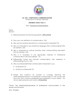 Lesson 4 Answer Sheet - GE 106 - PURPOSIVE COMMUNICATION Vincent Jhun O. Dorias, Instructor ...