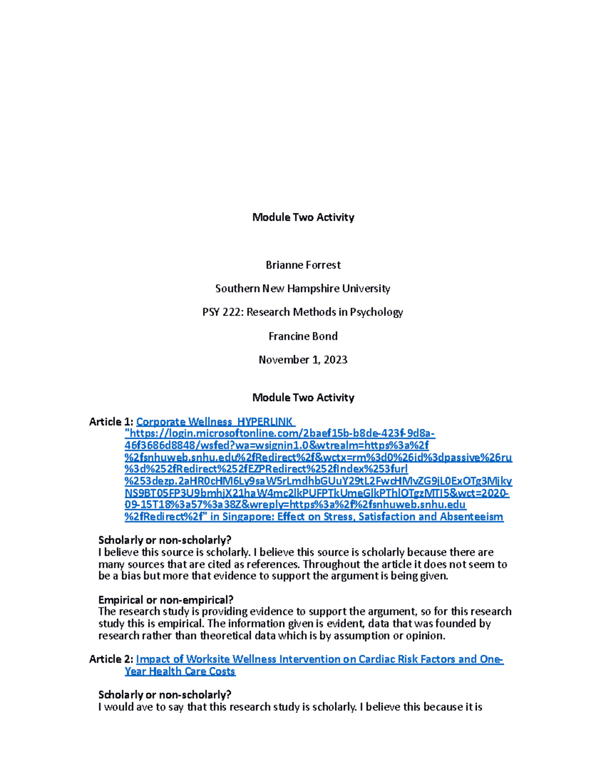 PSY222 Module Two Activity (2) - Module Two Activity Brianne Forrest ...