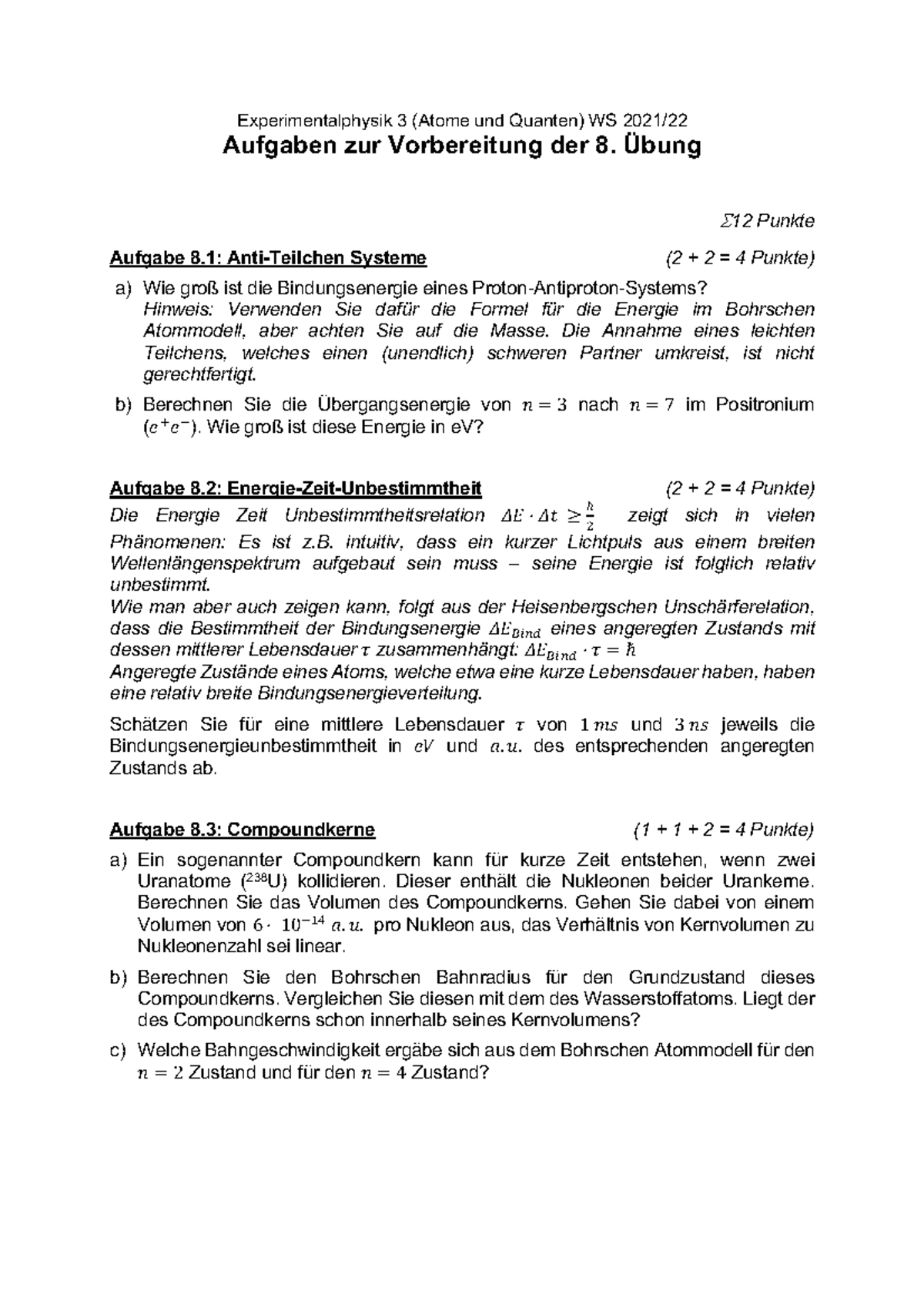 Übung 08 Aufgaben WS2122 - Experimentalphysik 3 (Atome und Quanten) WS ...
