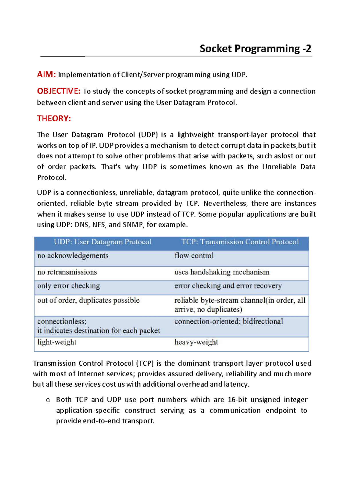 Socket Programming 2 Socket Programming Aim Implementation Of