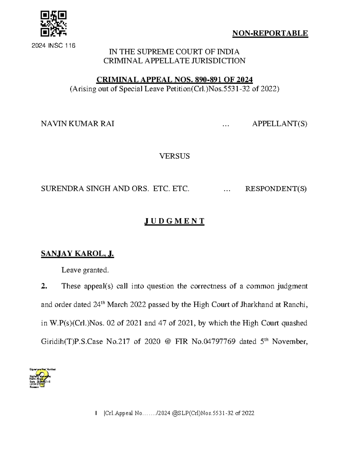 Criminal judgement - 2024 INSC 116 NON-REPORTABLE IN THE SUPREME COURT ...