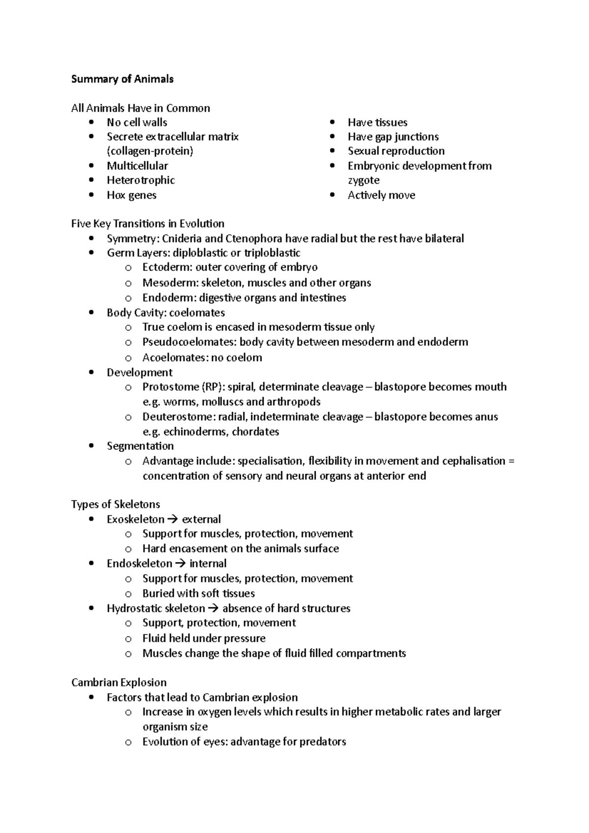 Summary of Animals - Summary of Animals All Animals Have in Common No ...