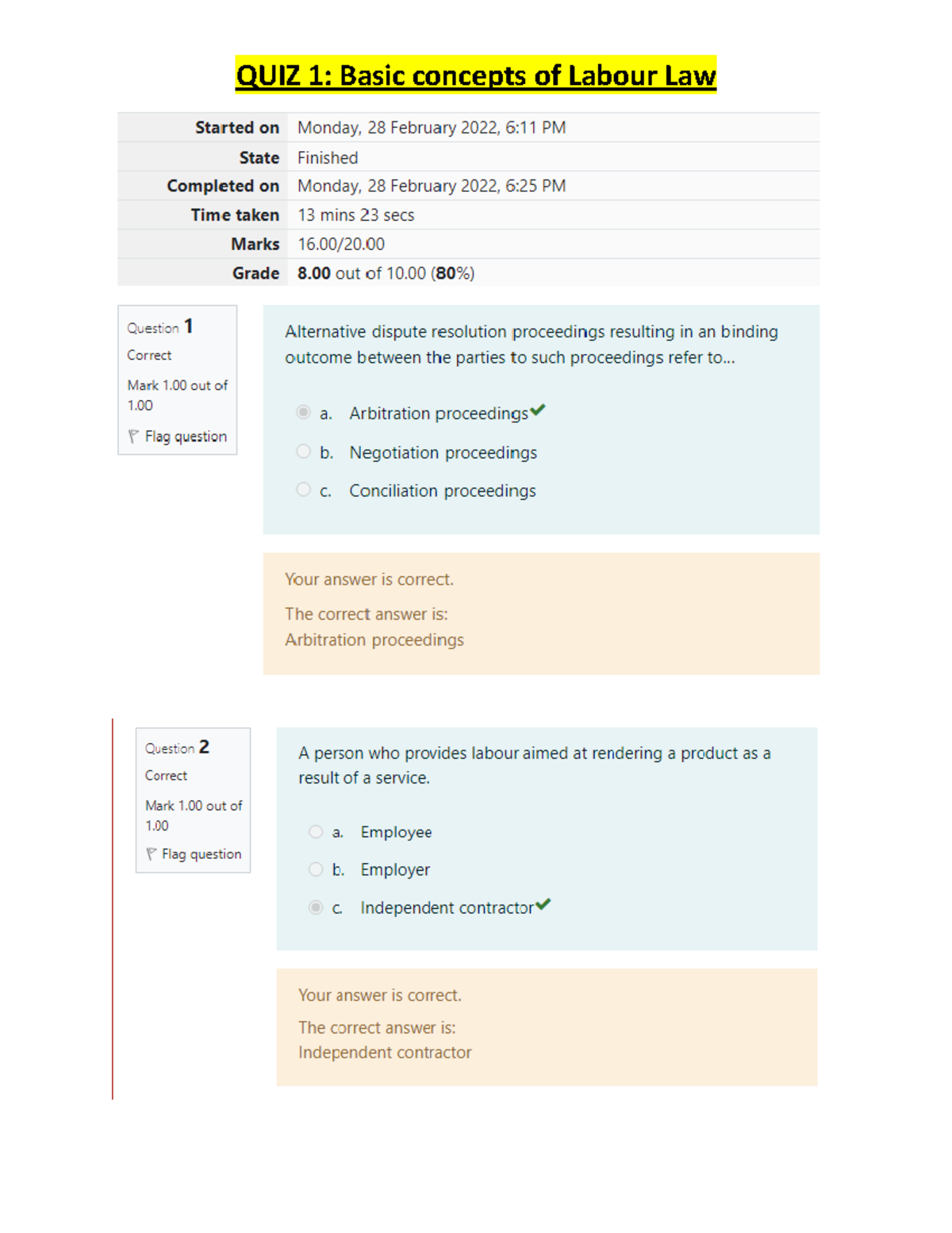 QUIZ 1 - Basic Concepts - Labour Law - QUIZ 1: Basic concepts of Labour Law - Studocu