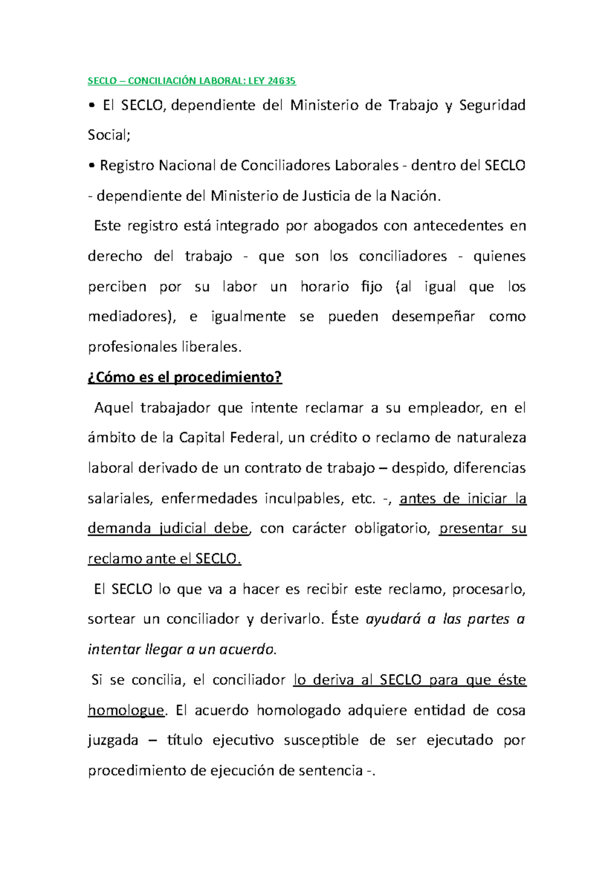 Seclo - SECLO – CONCILIACIÓN LABORAL: LEY 24635 • El SECLO, dependiente ...
