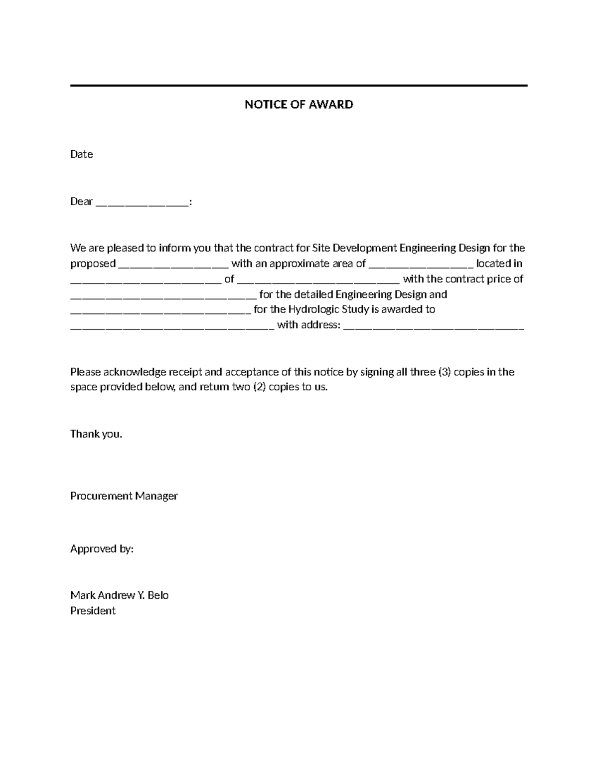 Notice Of Award - NOTICE OF AWARD Date Dear ________________: We are ...