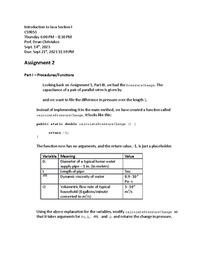 Assignment 1 - hw for - Introduction to Java CS9053 Section I Thursday ...