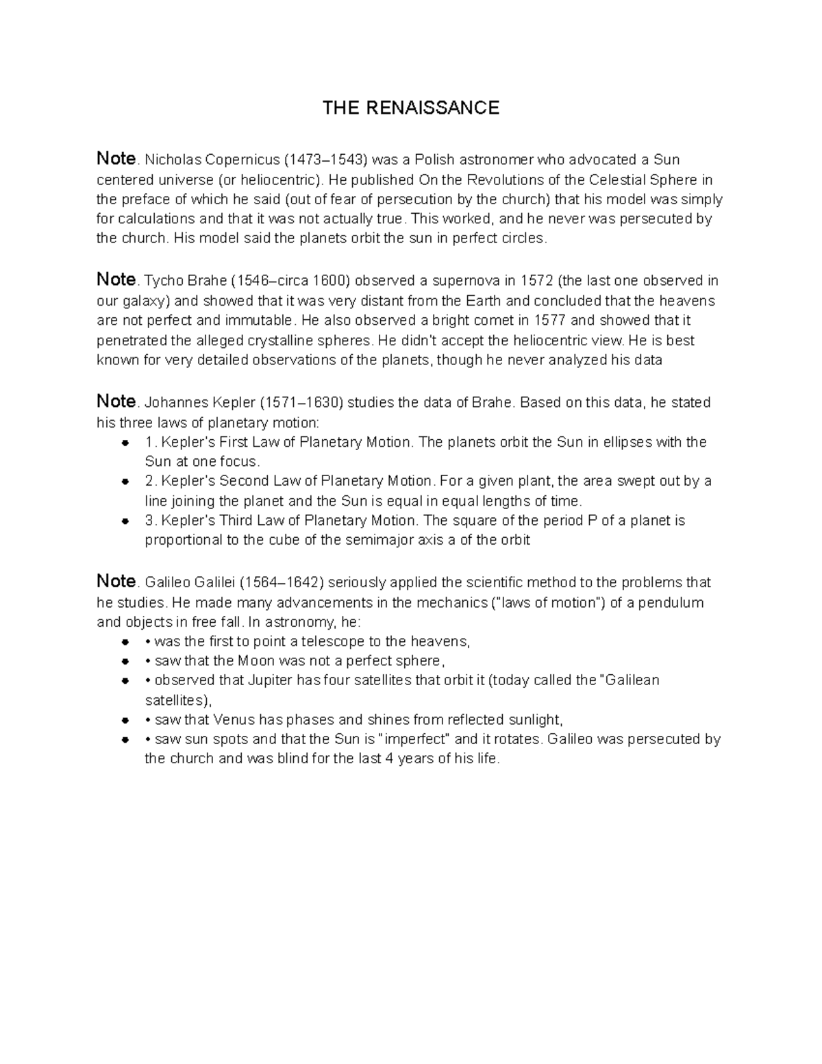 Astronomy Chapter 4 Notes The Renaissance - THE RENAISSANCE Note ...