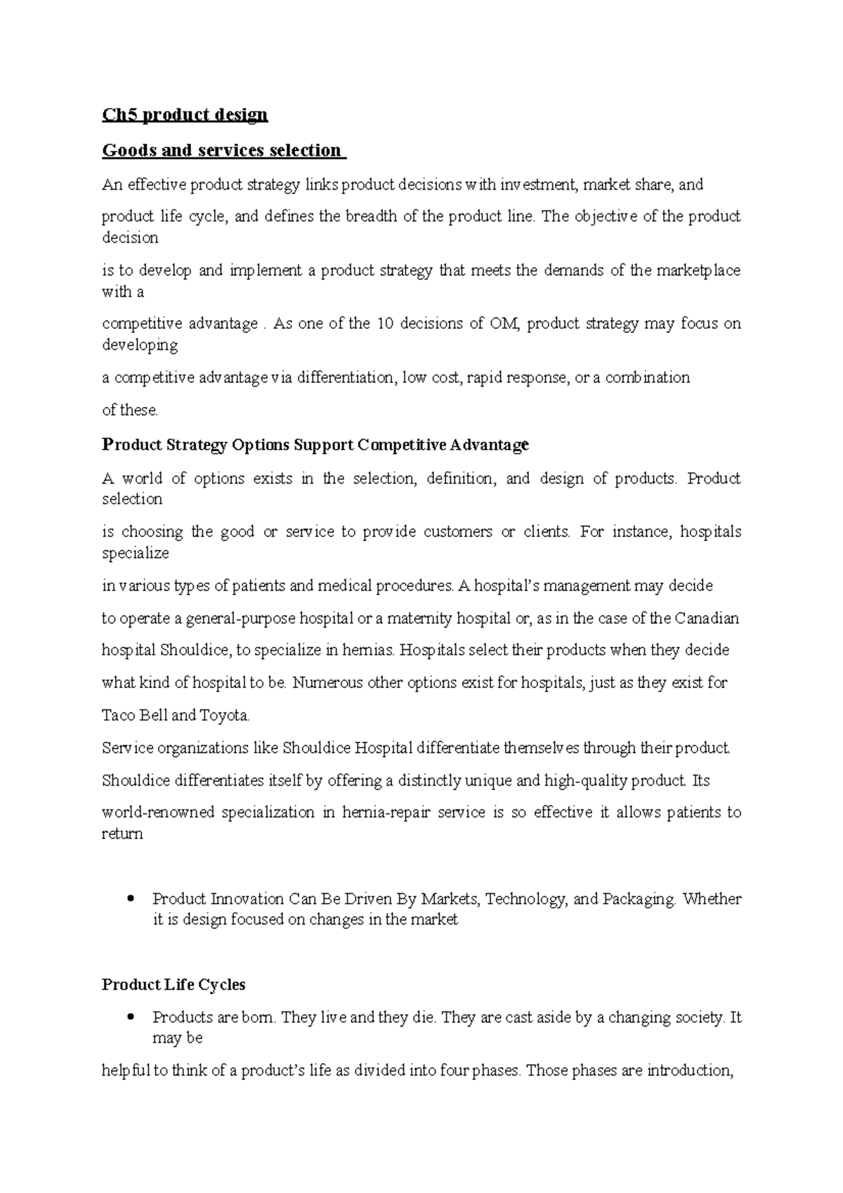 Ch 5 product design - Chapter 5 summary. - Operations and Supply Chain Management - Ch5 product ...
