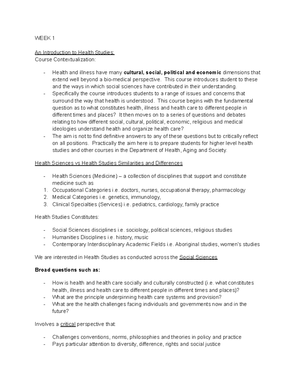 1AA3 lectures - WEEK 1 An Introduction to Health Studies: Course ...