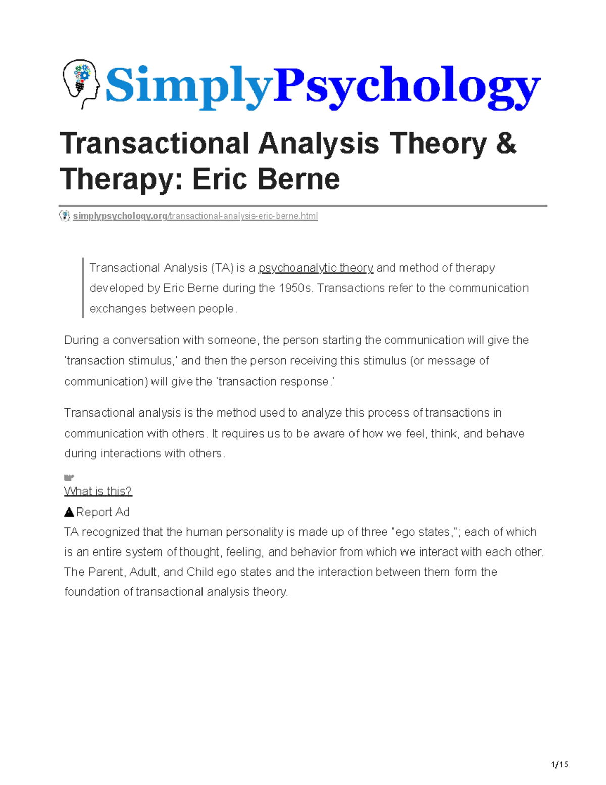 Simplypsychology.org-Transactional Analysis Theory amp Therapy Eric Berne - Transactional ...