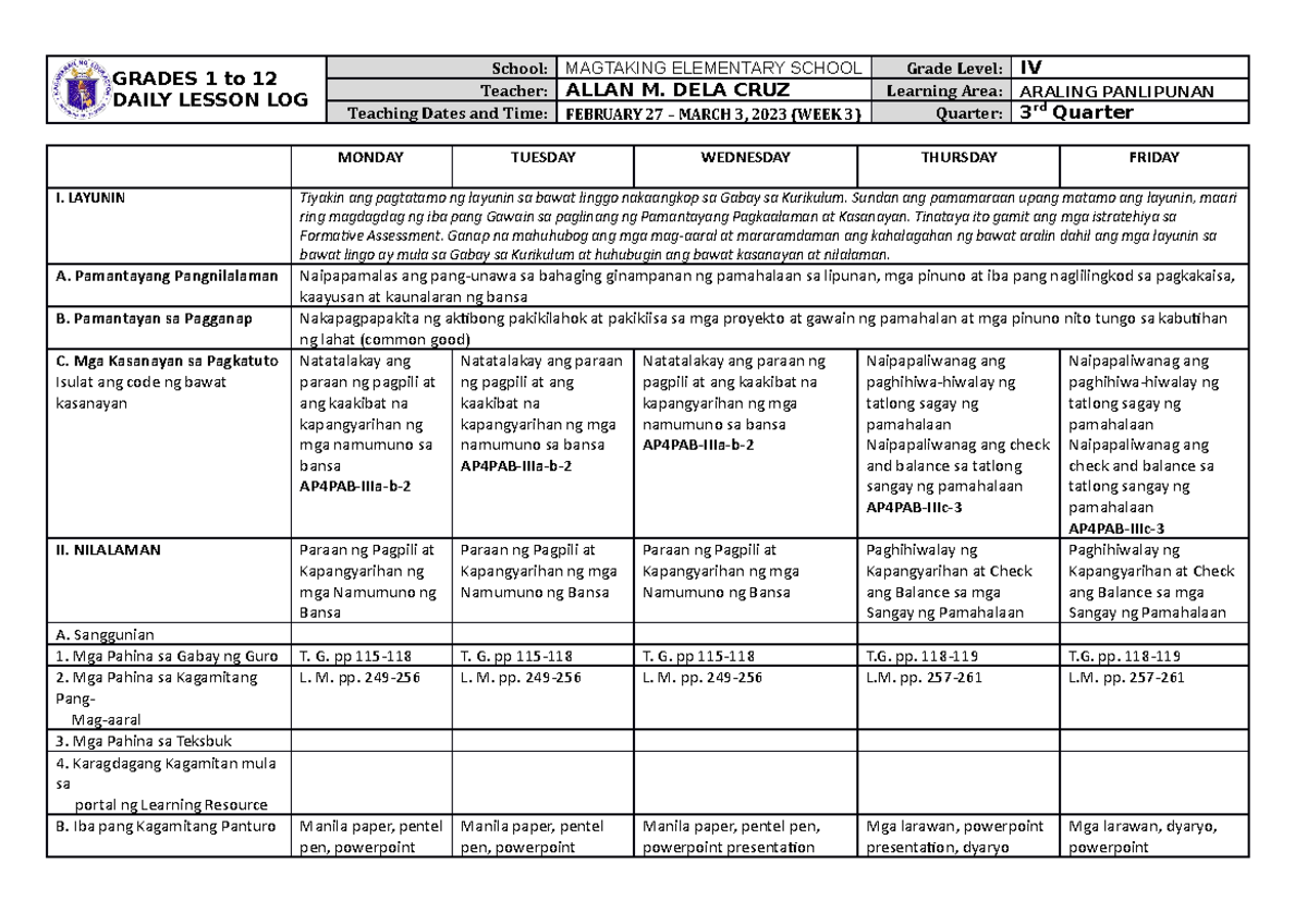 Grade 4 DLL Araling Panlipunan 4 Q3 Week 3 - GRADES 1 to 12 DAILY LESSON LOG School: MAGTAKING ...