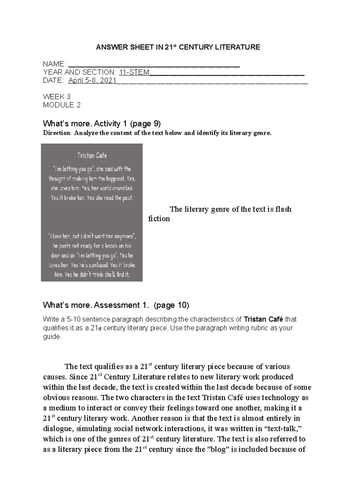 Answer Sheet IN 21st Century Literature - ANSWER SHEET IN 21st CENTURY ...