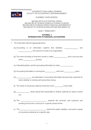 UKAF1023 Tutorial 4 - ...................... - UKAF1023 Financial ...
