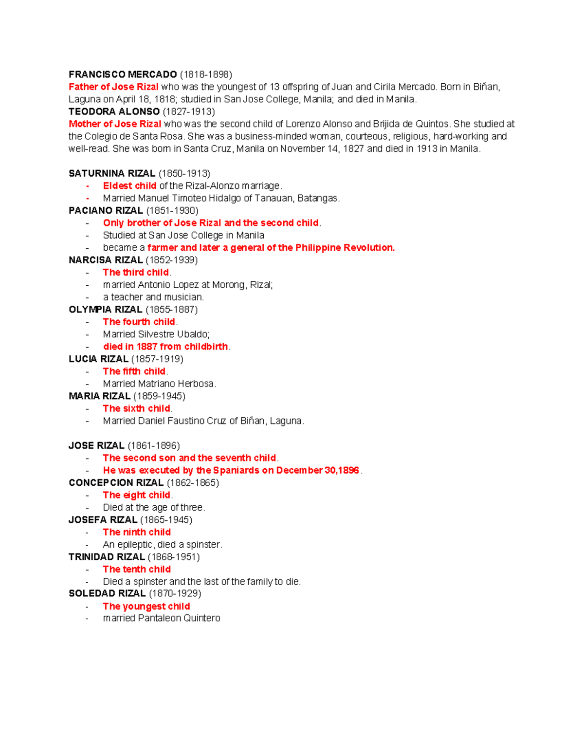 Mga Kapatid ni Dr. Jose Rizal - FRANCISCO MERCADO (1818-1898) Father of ...