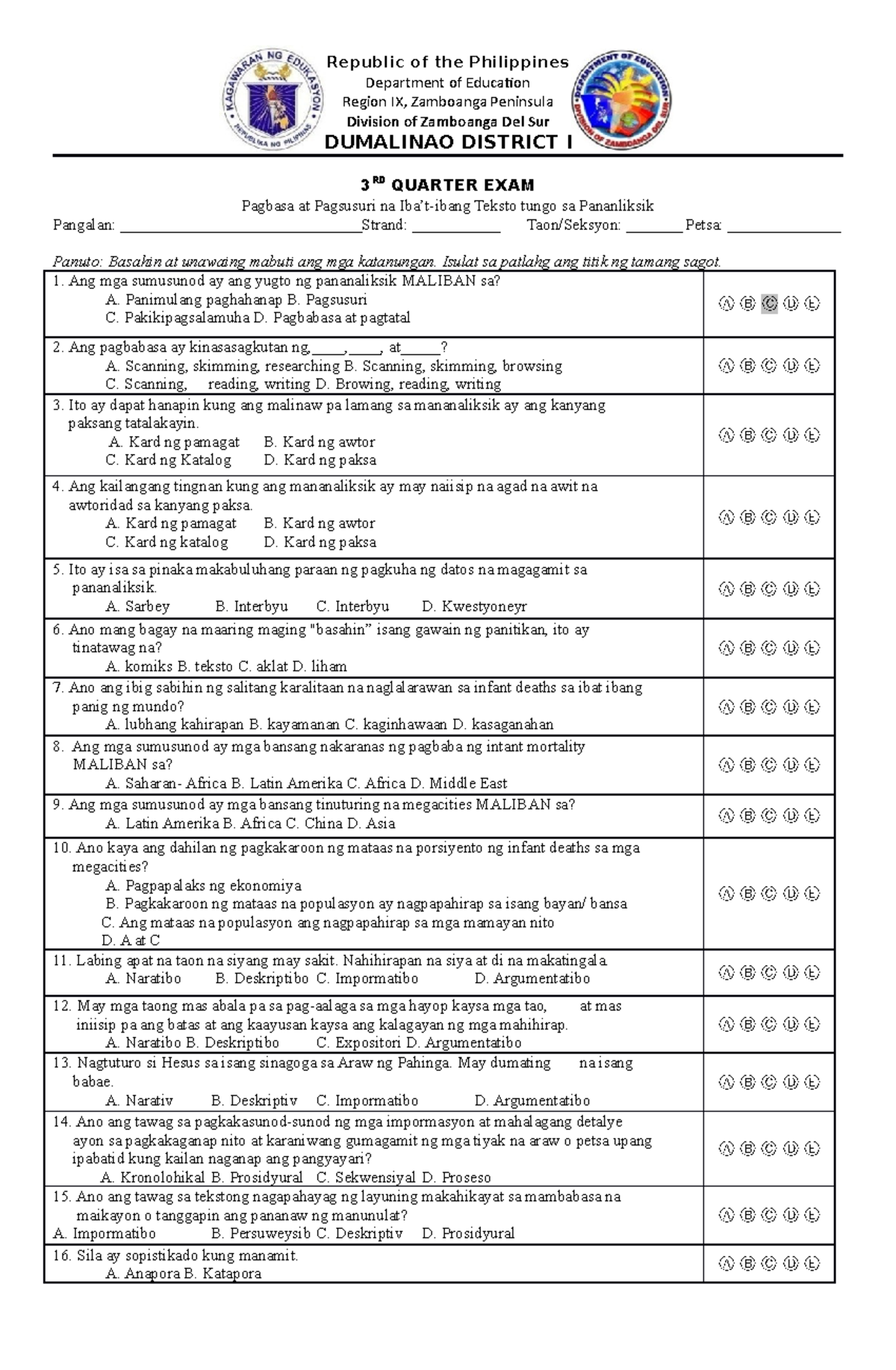 Pagbasa at Pagsusuri - Republic of the Philippines Department of ...