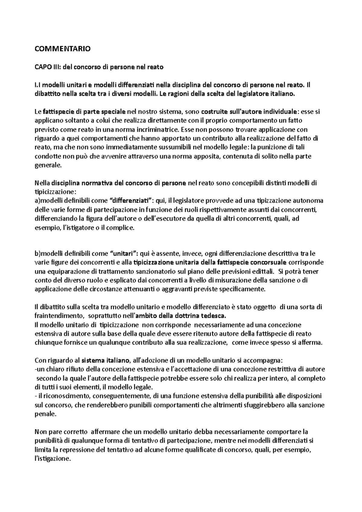 Commentario - riassunto - COMMENTARIO CAPO III: del concorso di persone ...