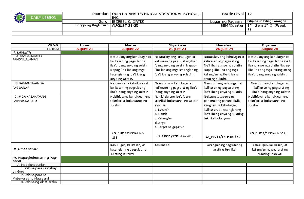 FPL-DLL - we need it to practice - Paaralan QUINTINIANS TECHNICAL ...