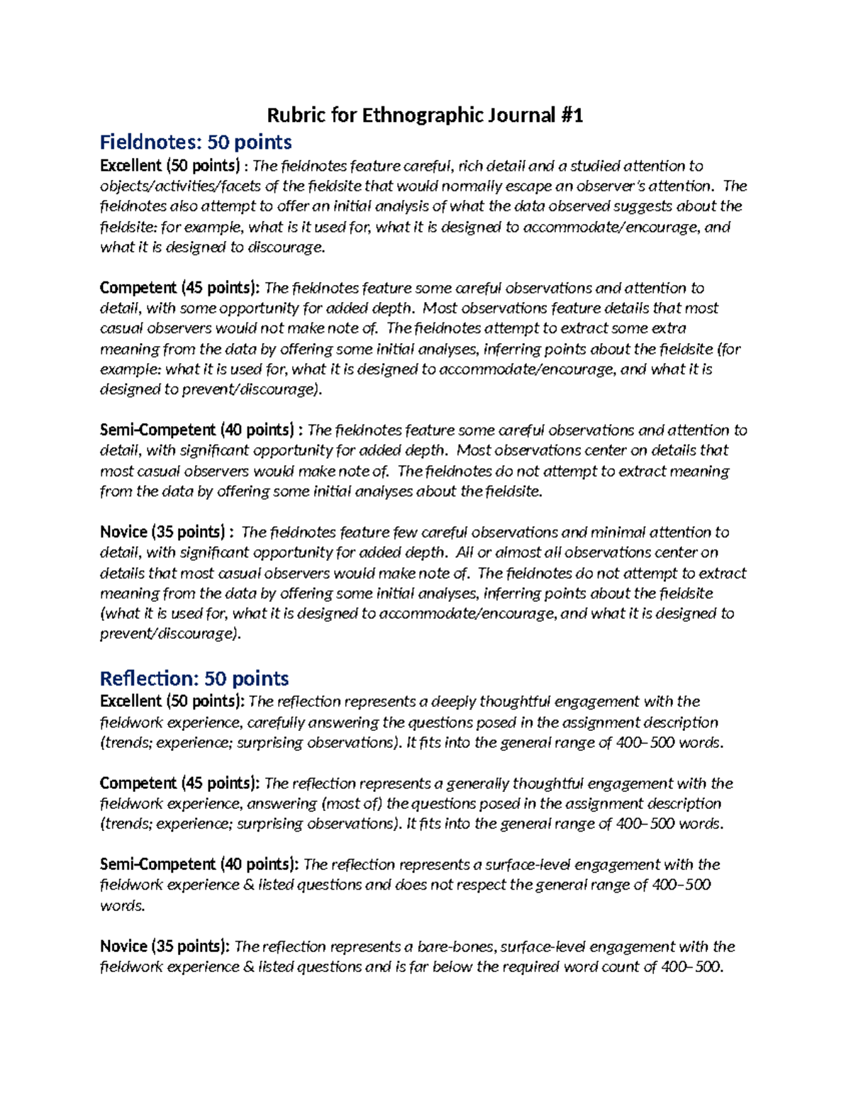 Rubric for Ethnographic Journal - Rubric for Ethnographic Journal ...