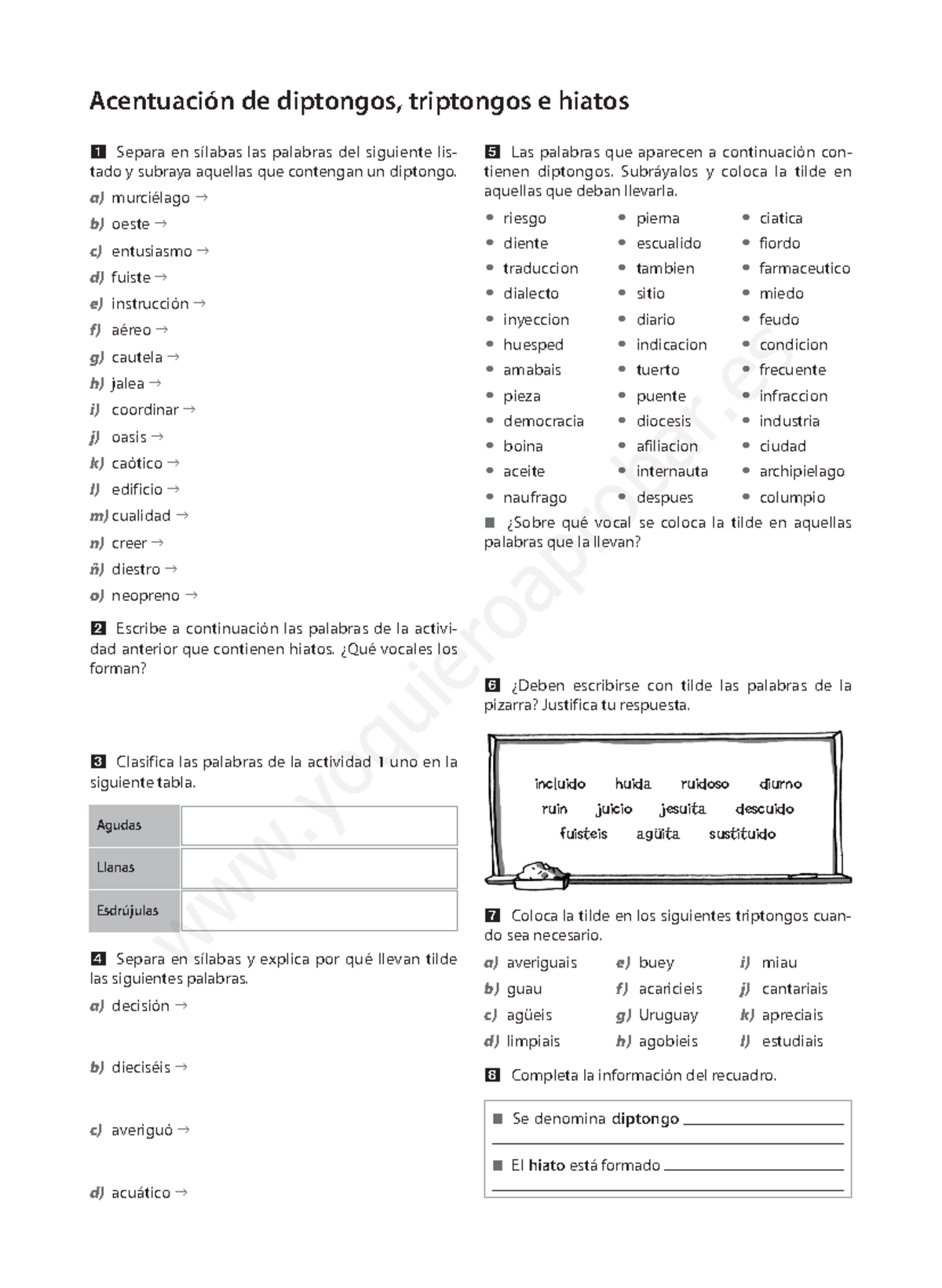 Acentuación de diptongos, triptongos e hiatos - a) murciélago b) oeste ...