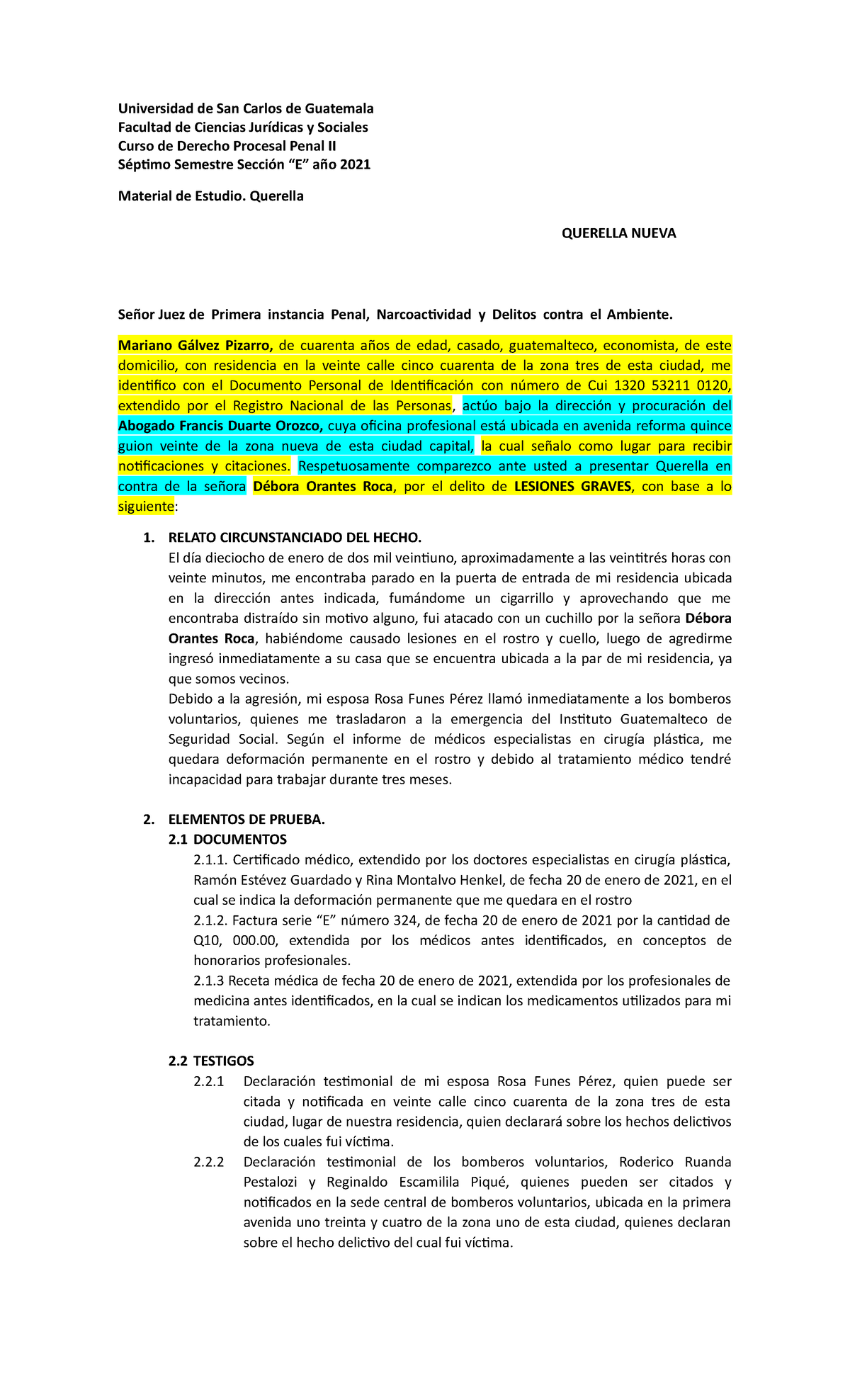 Querella Derecho Penal Universidad De San Carlos De Guatemala