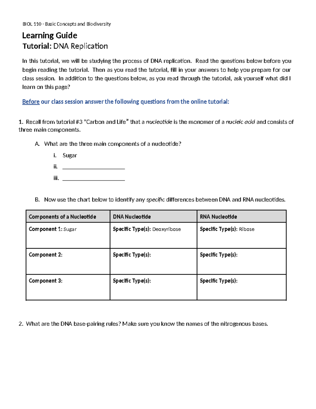 BIOL 110 Learning Guide for Tutorial 18 - DNA Replication - Tagged ...