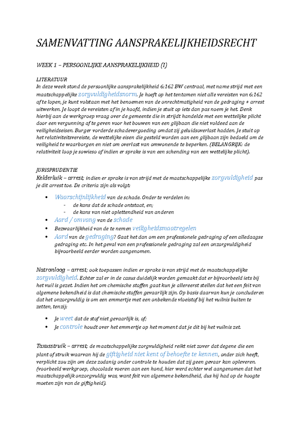 Samenvatting - SAMENVATTING AANSPRAKELIJKHEIDSRECHT WEEK 1 ...