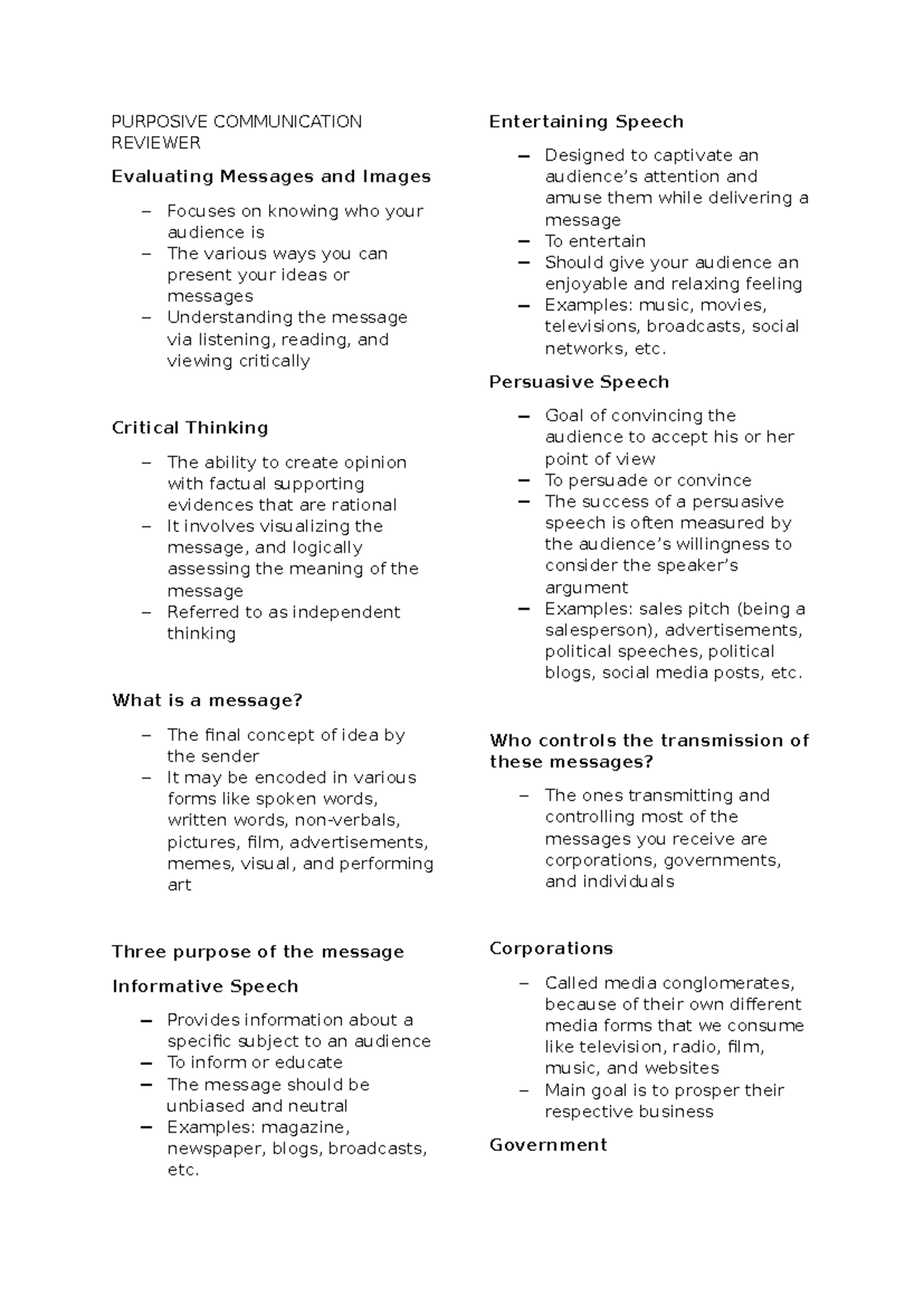 Purposive Communication FOR Midterms - PURPOSIVE COMMUNICATION REVIEWER Evaluating Messages and ...