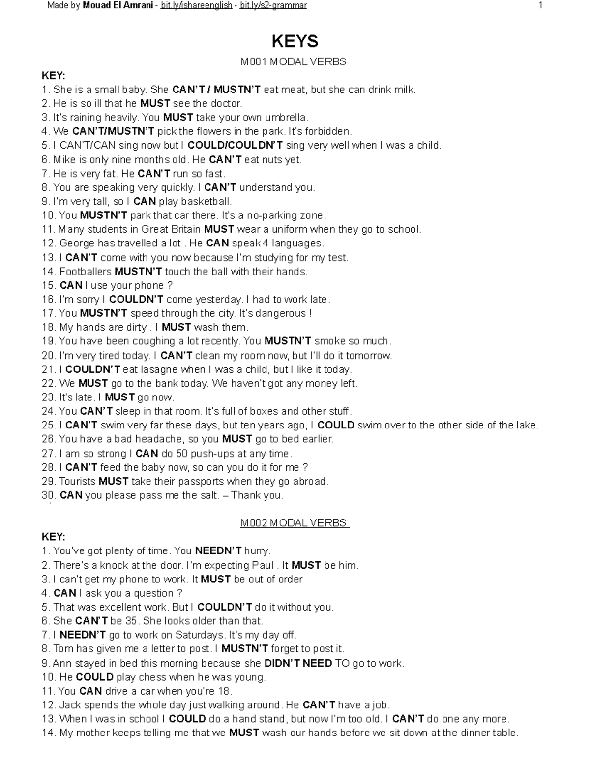 Keys to Modals exercises - KEYS M001 MODAL VERBS KEY: She is a small ...