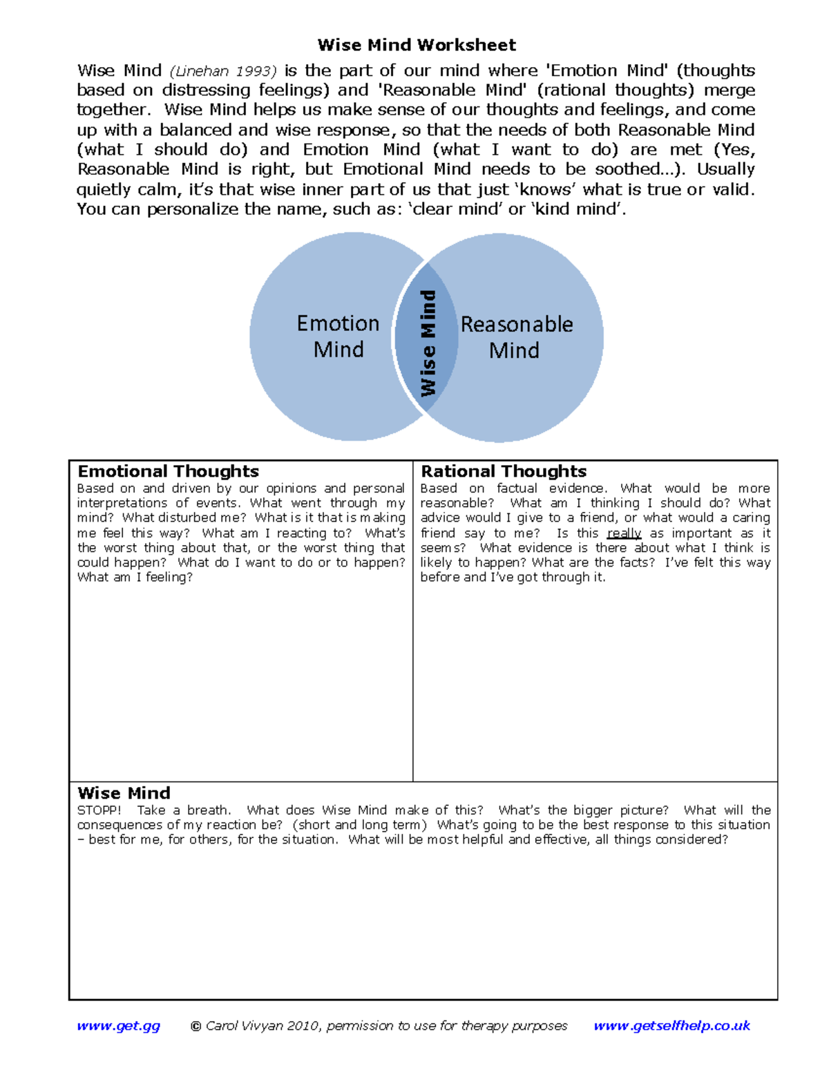 Wise Mind Worksheet - Mental Health - get © Carol Vivyan 2010 ...