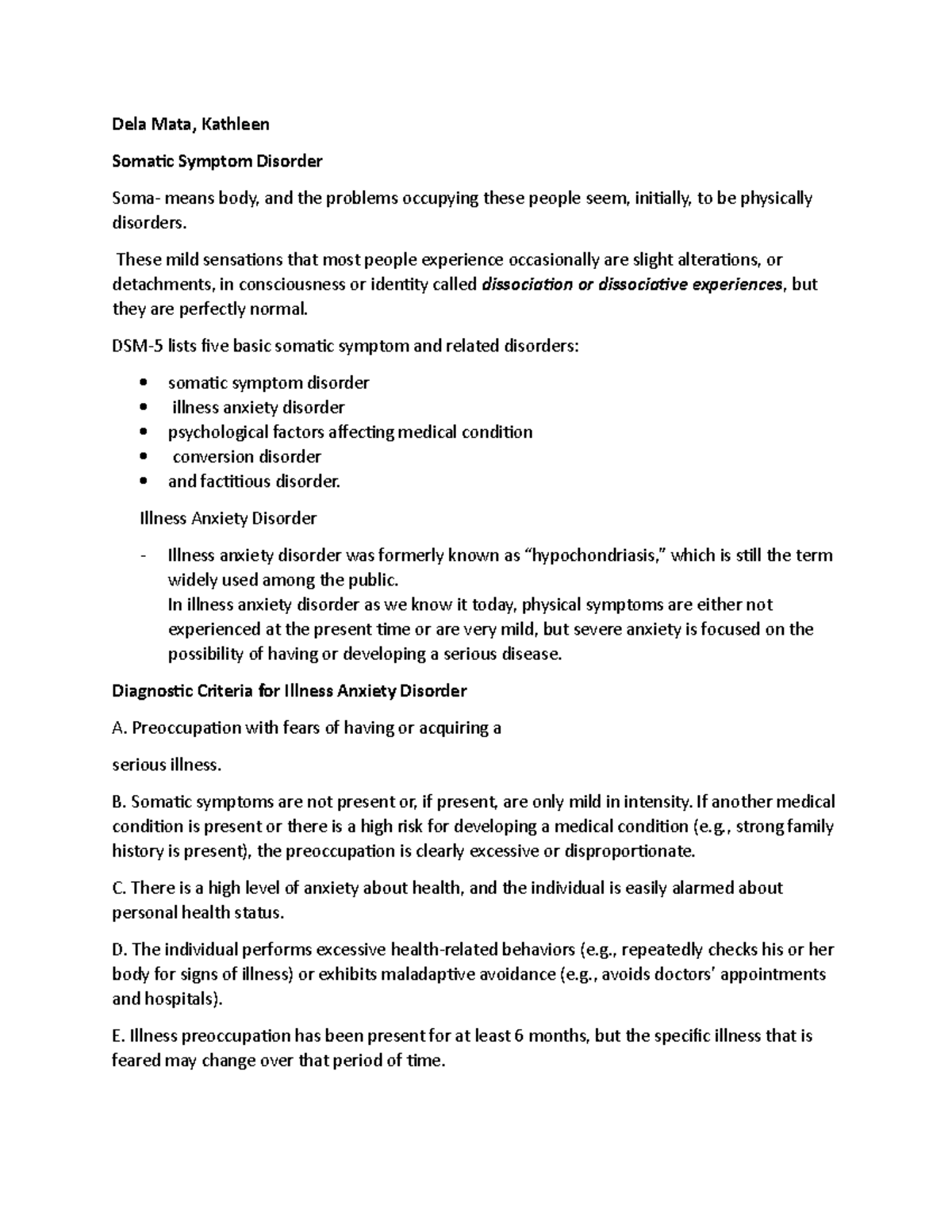 Abnormal Psych CHAP 6 - Dela Mata, Kathleen Somatic Symptom Disorder ...