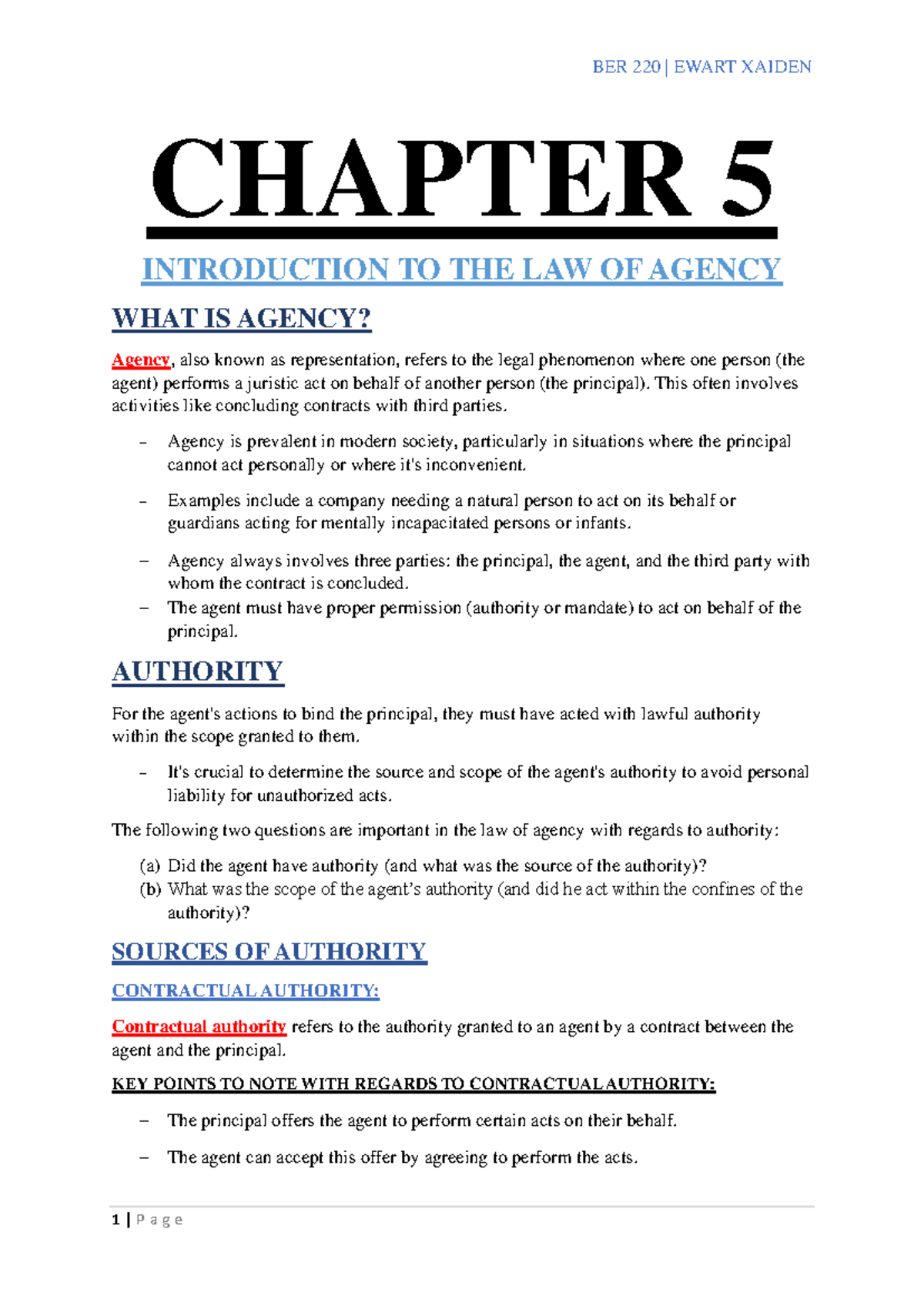 Chapter 5; Introduction TO THE LAW OF Agency BER 210 - CHAPTER 5 ...