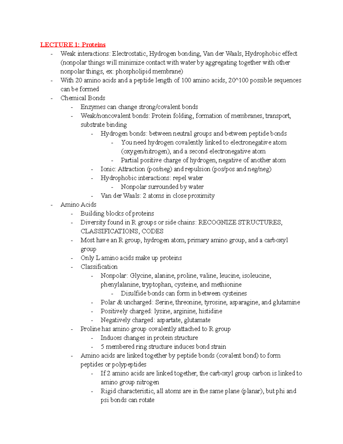 Bio 209 Notes - LECTURE 1: Proteins - Weak interactions: Electrostatic ...