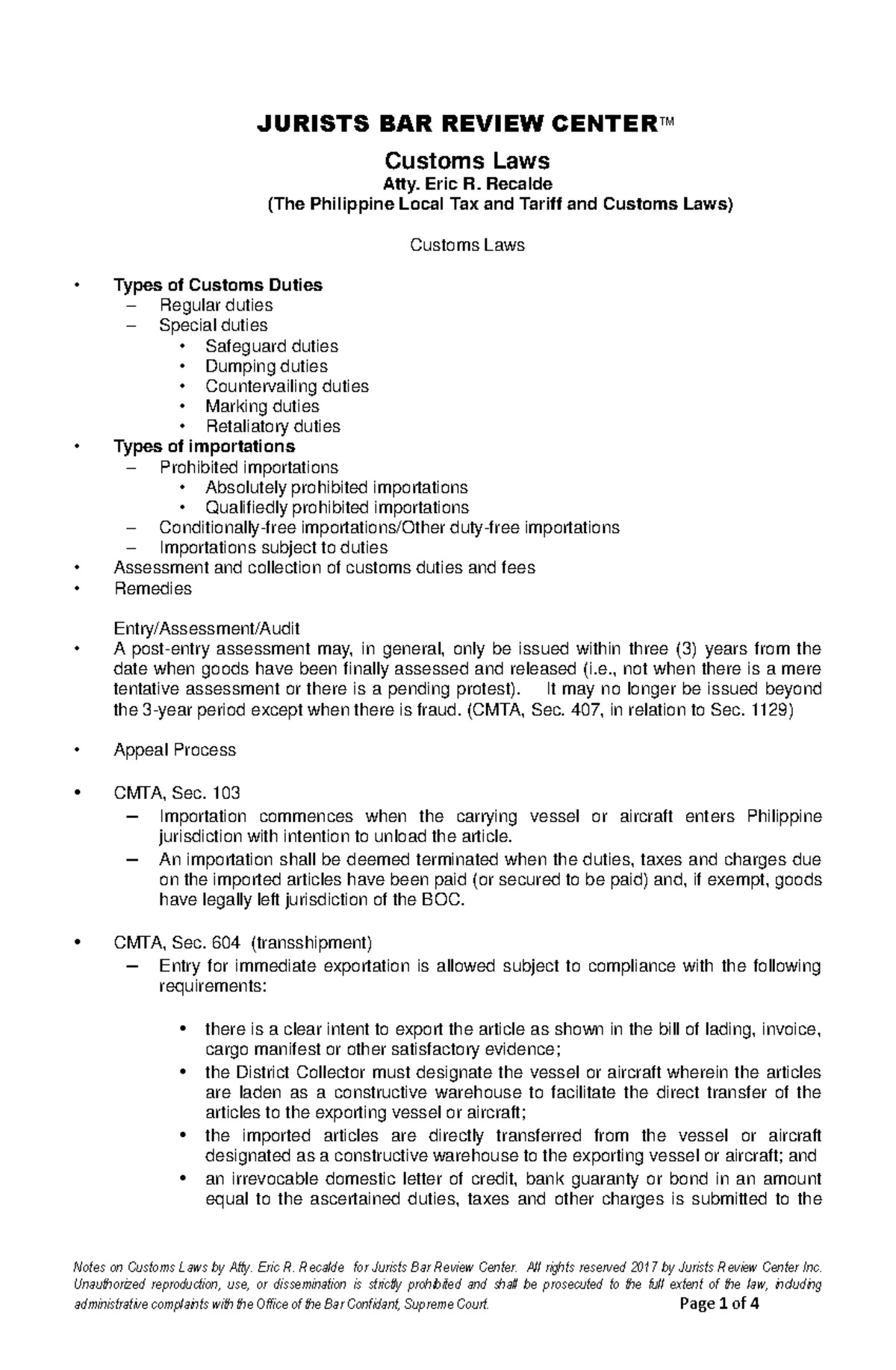 Notes on Custom Laws by Atty. Eric Recalde - Notes on Customs Laws by ...