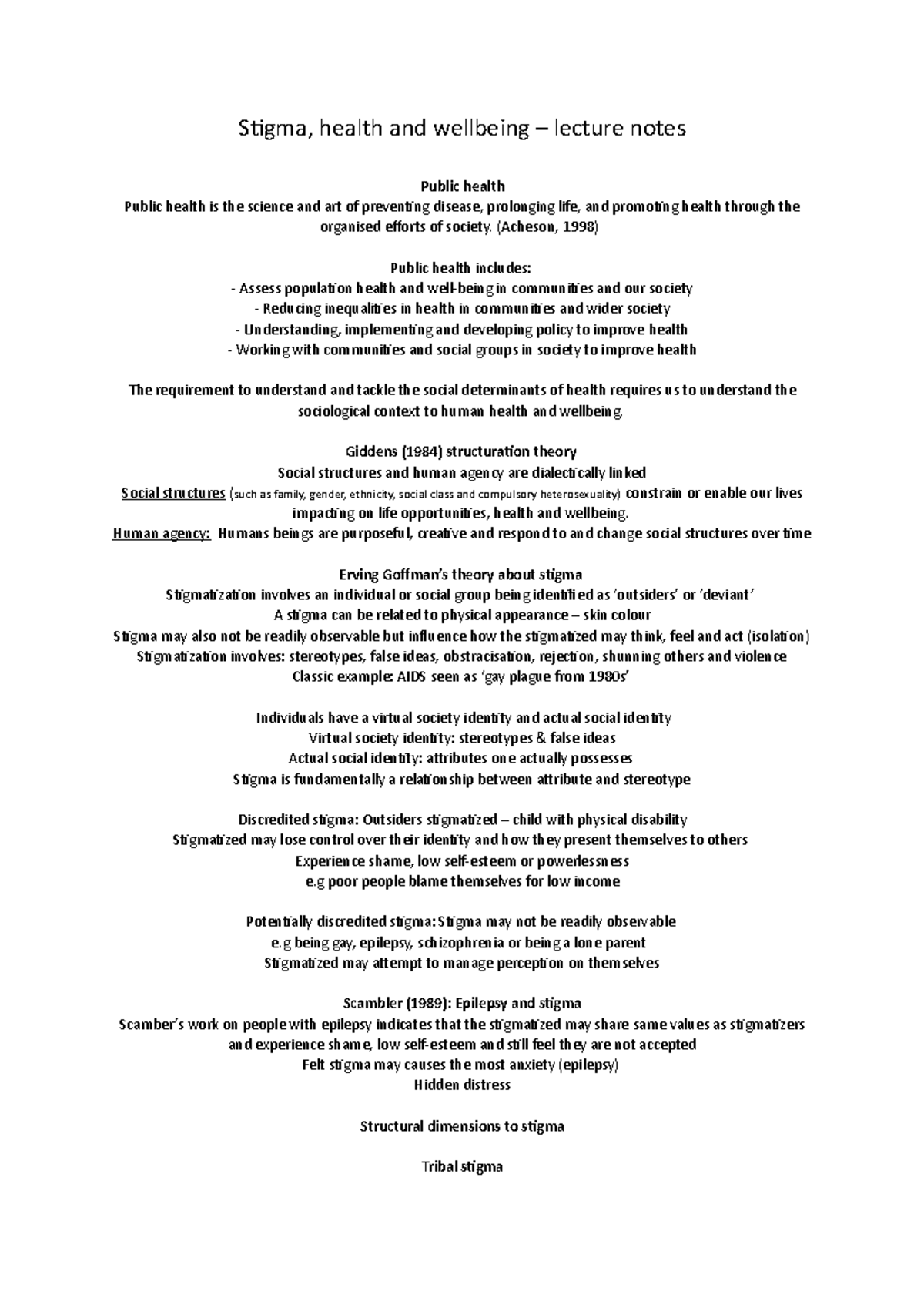 Stigma - lecture notes - Stigma, health and wellbeing – lecture notes ...