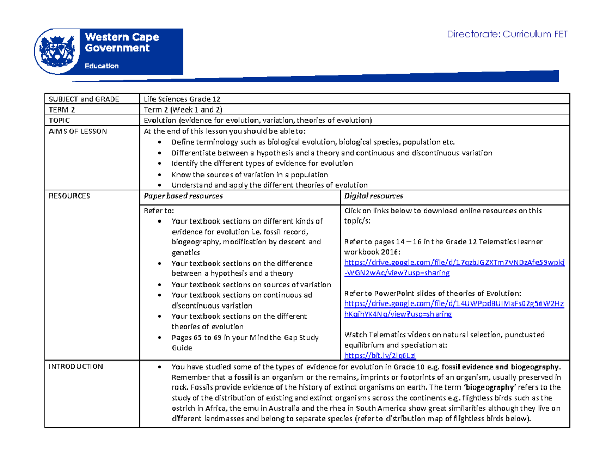 Life Sciences Grade 12 Term 2 Weeks 1 and 2 2020 - Directorate ...