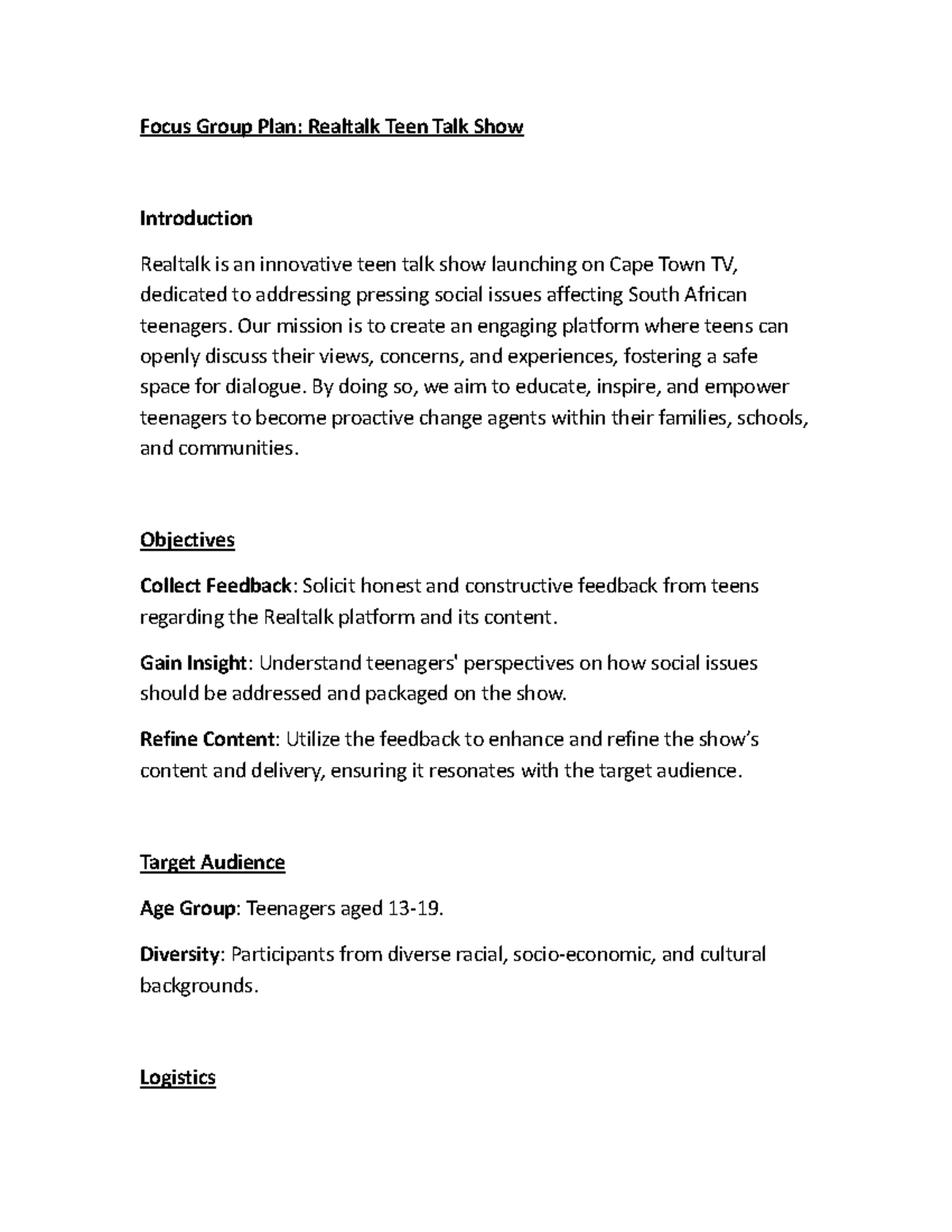 Focus Group Plan - Our mission is to create an engaging platform where teens can openly discuss ...