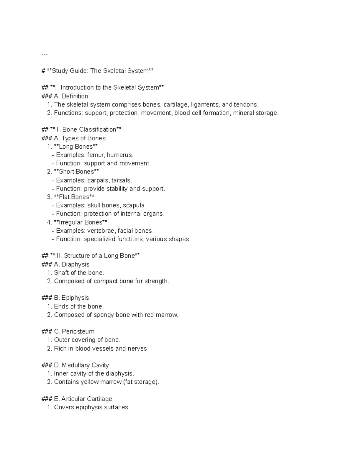 Anatomy Lecture - Study Guide: The Skeletal System I. Introduction to ...